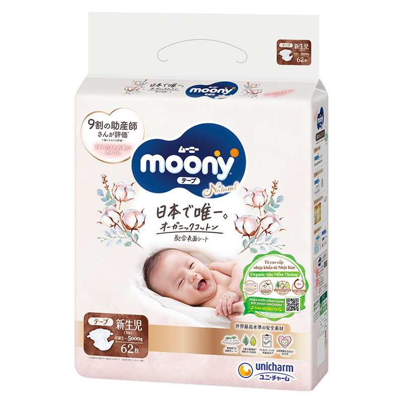 Tã bỉm dán sơ sinh Moony Natural Newborn NB62