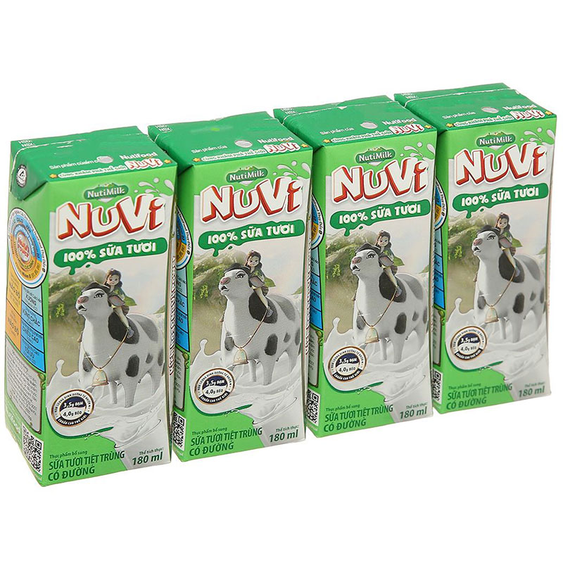 Sữa tươi tiệt trùng có đường Nuvi 180ml (lốc 4 hộp)