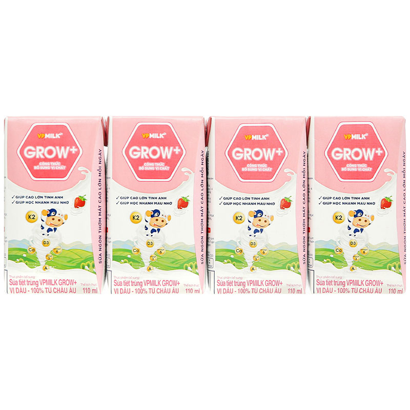 Sữa tiệt trùng VPMilk Grow+ Vị dâu 110ml (lốc 4 hộp)