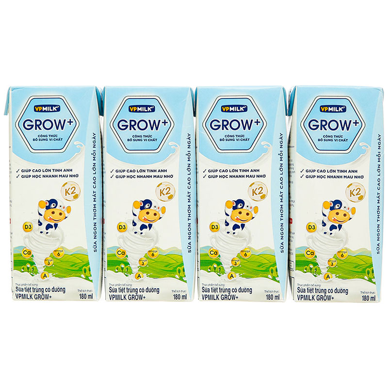 Sữa tiệt trùng VPMilk Grow+ Có Đường 180ml (lốc 4 hộp)