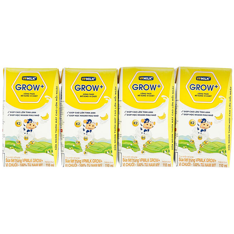 Sữa tiệt trùng VPMilk Grow+ Vị chuối 110ml (lốc 4 hộp)