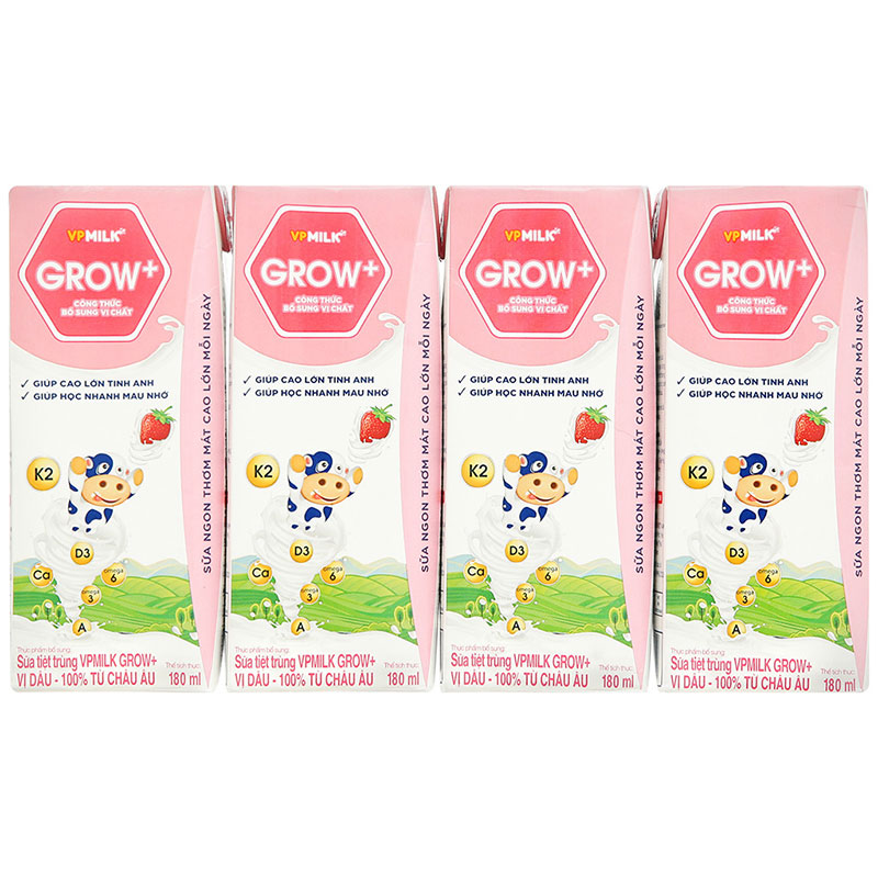 Sữa tiệt trùng VPMilk Grow+ Vị dâu 180ml (lốc 4 hộp)