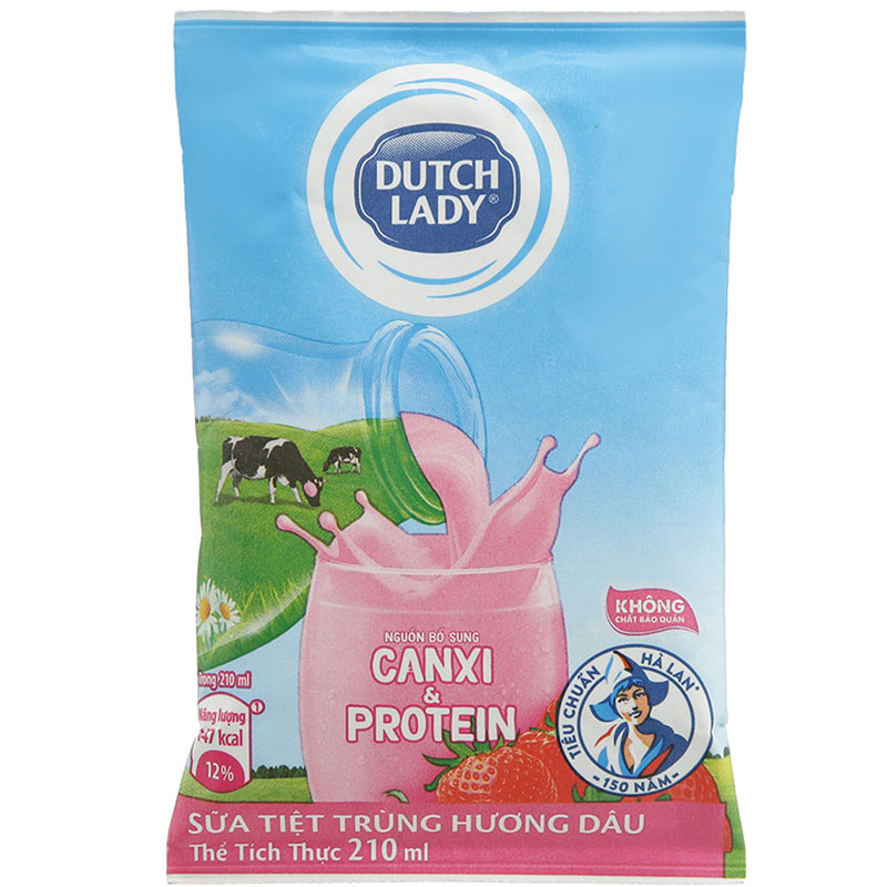 Sữa tiệt trùng Dutch Lady Canxi & Protein hương dâu túi 210ml